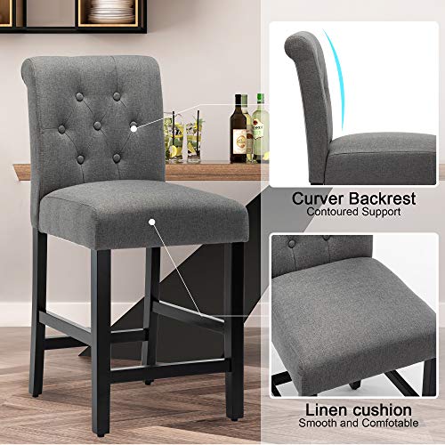 LSSBOUGHT Counter Stools,24 inches Upholstered Counter Height Chairs with Button-Tufted and Solid Wood Legs Set of 2(Gray)