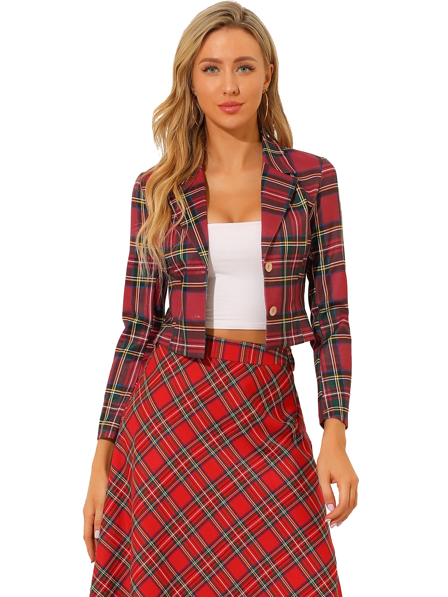 Allegra K Women's Notched Lapel Stretch Plaid Preppy Tartan Crop Blazer Small Red