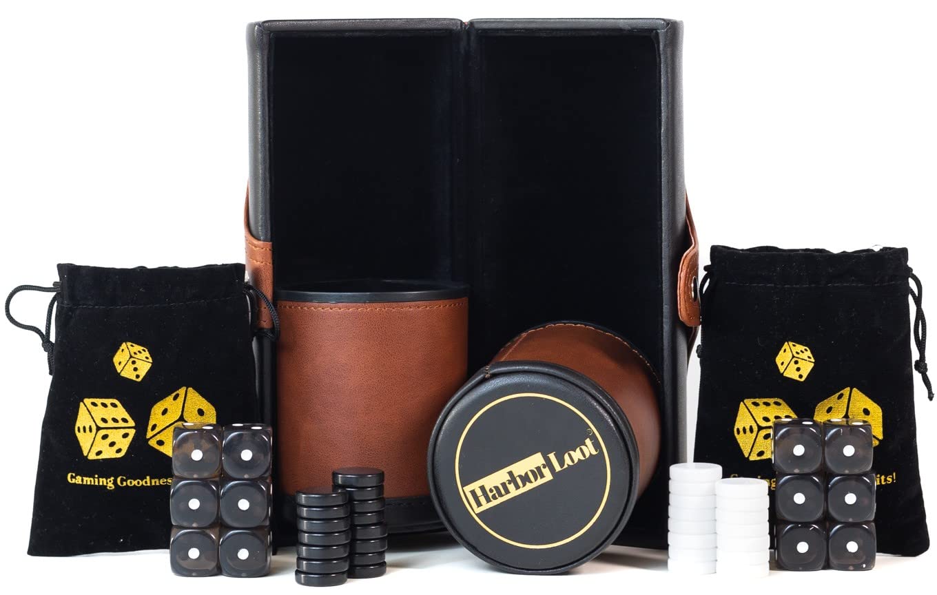 Harbor Loot PU Leather Double Dice Cup Set β Portable with Carrying Case, 2 Dice Cups, 2 Dice Bags, 12 Large Dice, and 30 Chips