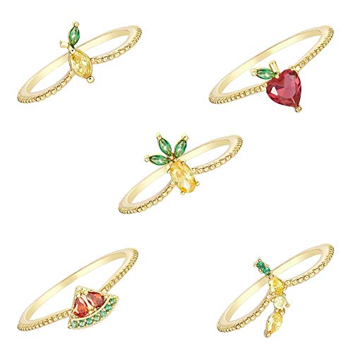 Aloecye Cute Fruit Basket Ring Set 14K Gold Plated CZ Stackable Tropical Fruit Cherry Pineapple Peach Band Ring Gift for Women Girls