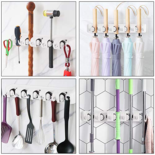 Tangkula Wall Mount Mop Broom Holder, Hanging Broom Organizer w/ 5 Slots & 6 Hooks, Home Storage Organizer Rack, Hanging Utility Rack for Home, Kitchen, Garage, Laundry (White)