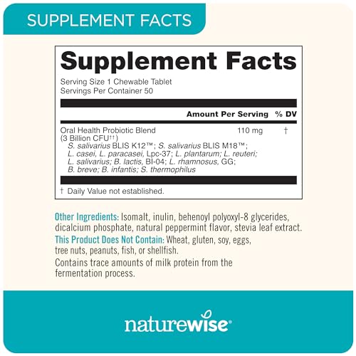 NatureWise Oral Probiotics for Teeth & Gums & Fresh Breath* - Chewable Sugar-Free Mint Tablet - Dental Support for Kids & Adults w/ BLIS K12 & M18 - Non-GMO - 50 Count[50-Day Supply]
