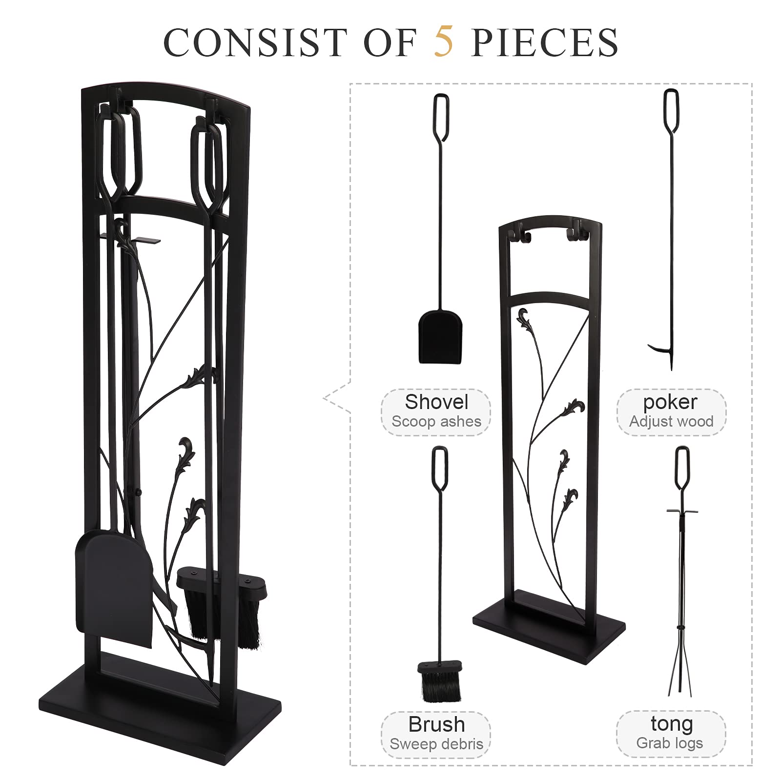 Harmiden 5 Pieces Fireplace Tools Set Indoor Fire Place Accessories Hearth Wood Stove Outdoor Fire Pit Tool Set