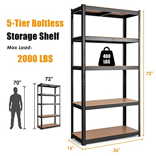 Tangkula Metal Storage Shelves, Heavy Duty Steel 5 Tier Utility Shelves with Adjustable Shelves, Bolt-Free Assembly, High Weight Capacity, Garage Organization Storage Rack, 36"Lx16''Wx72"H (1, Black)