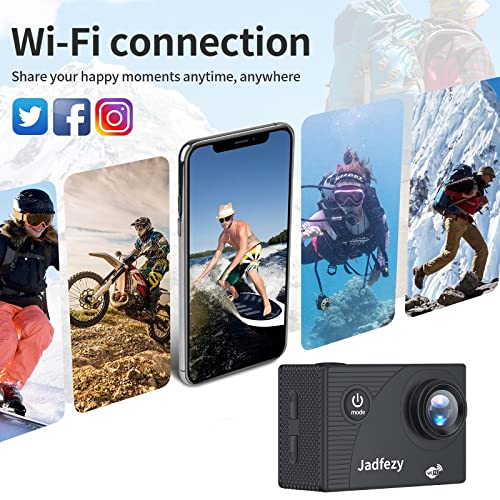 Jadfezy WiFi Action Camera Ultra HD 1080P, 12MP Sports Camera Wide-Angle 2" LCD Screen, 30m/98ft Underwater Waterproof Camera with 2 Batteries and Accessories Kit for Helmet and Bicycle etc.