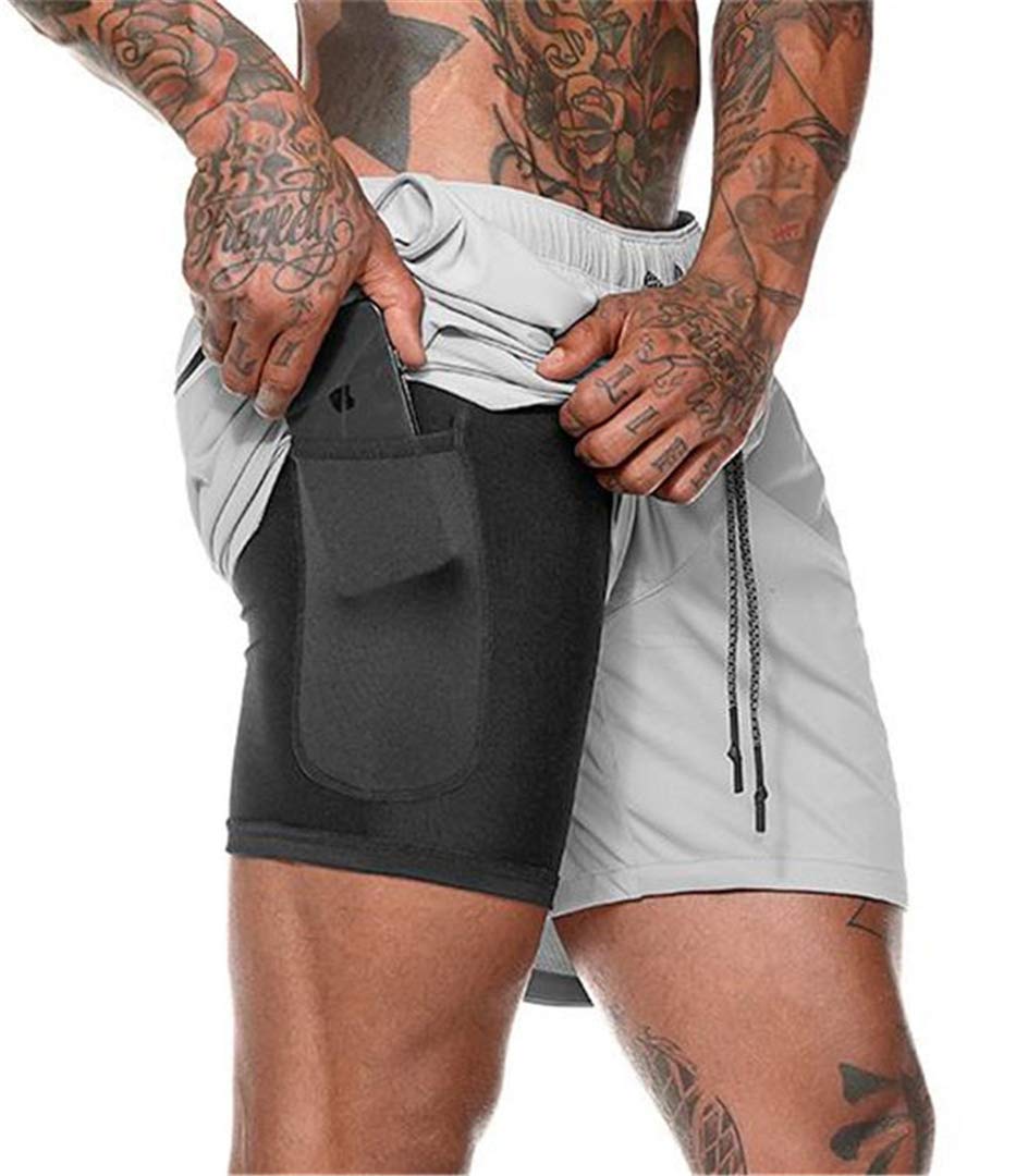 Akk Men's 2 in 1 Running Workout Training Yoga Gym Sport Zipper Phone Pockets Shorts, B Black, XX-Large