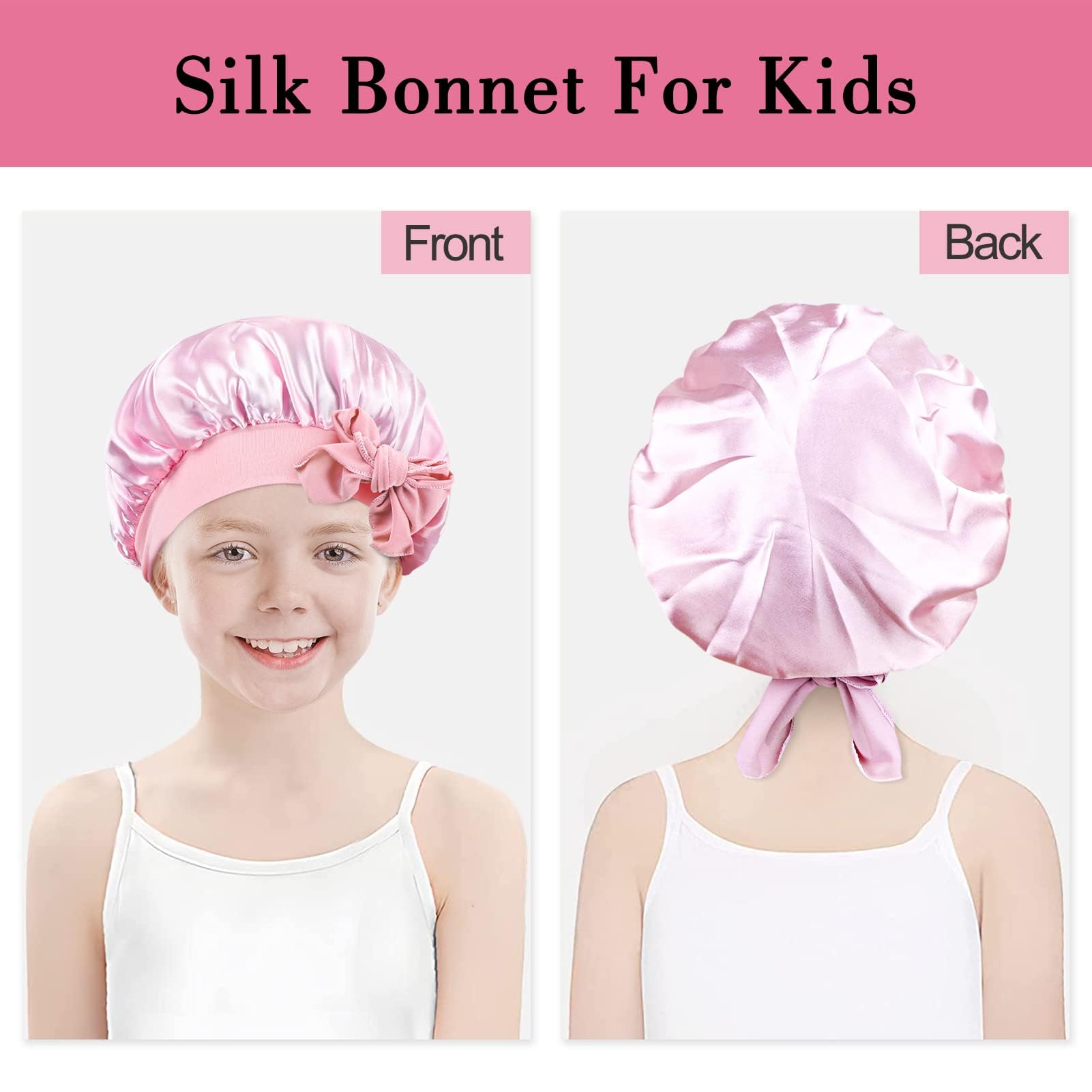 Arqumi Pack of 2 Satin Sleeping Bonnet for Kids, Soft Satin Sleep Bonnet with Elastic Strap, Adjustable Sleep Cap Hair Bonnet for Children, Pink+Purple