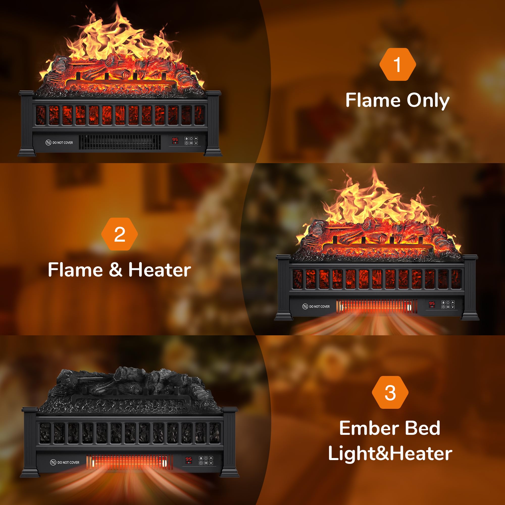 Alpaca Electric Fireplace Logs 20-Inch, Remote Controller Fireplace Insert Log Heater, Adjustable Flame Colors, Realistic Fake firewood Flame, Overheat Protection, Timer, Thermostat, 1500W Black
