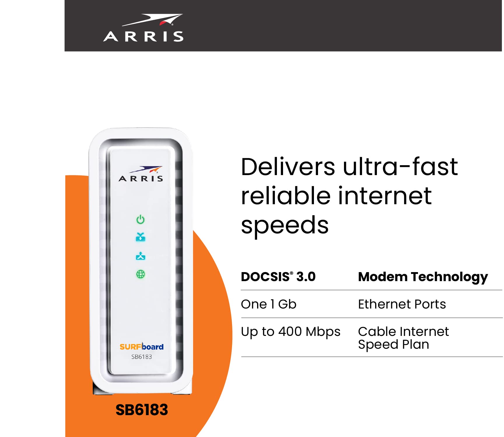 ARRIS SURFboard SB6183 DOCSIS 3.0 Cable Modem (400 Mbps Max Internet Speed) & WC4S AC3800 WiFi 5 Mesh Tri-Band Router System Bundle (WiFi Coverage up to 5,500 sq ft) | Mesh with your Cable Internet