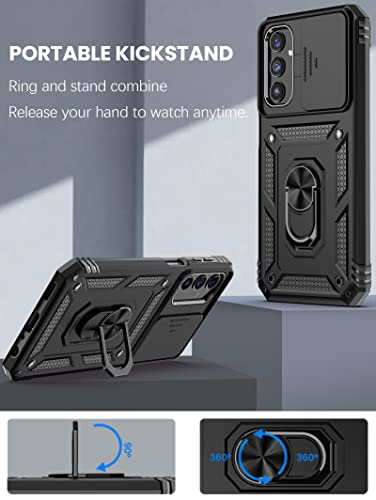Dretal for Samsung A24 4G Case, Galaxy A24 5G Case with Slide Camera Cover + [2PCS] Tempered Glass Screen Protector, Military Grade Shockproof Protective Cover Built Finger Ring Kickstand (Black)