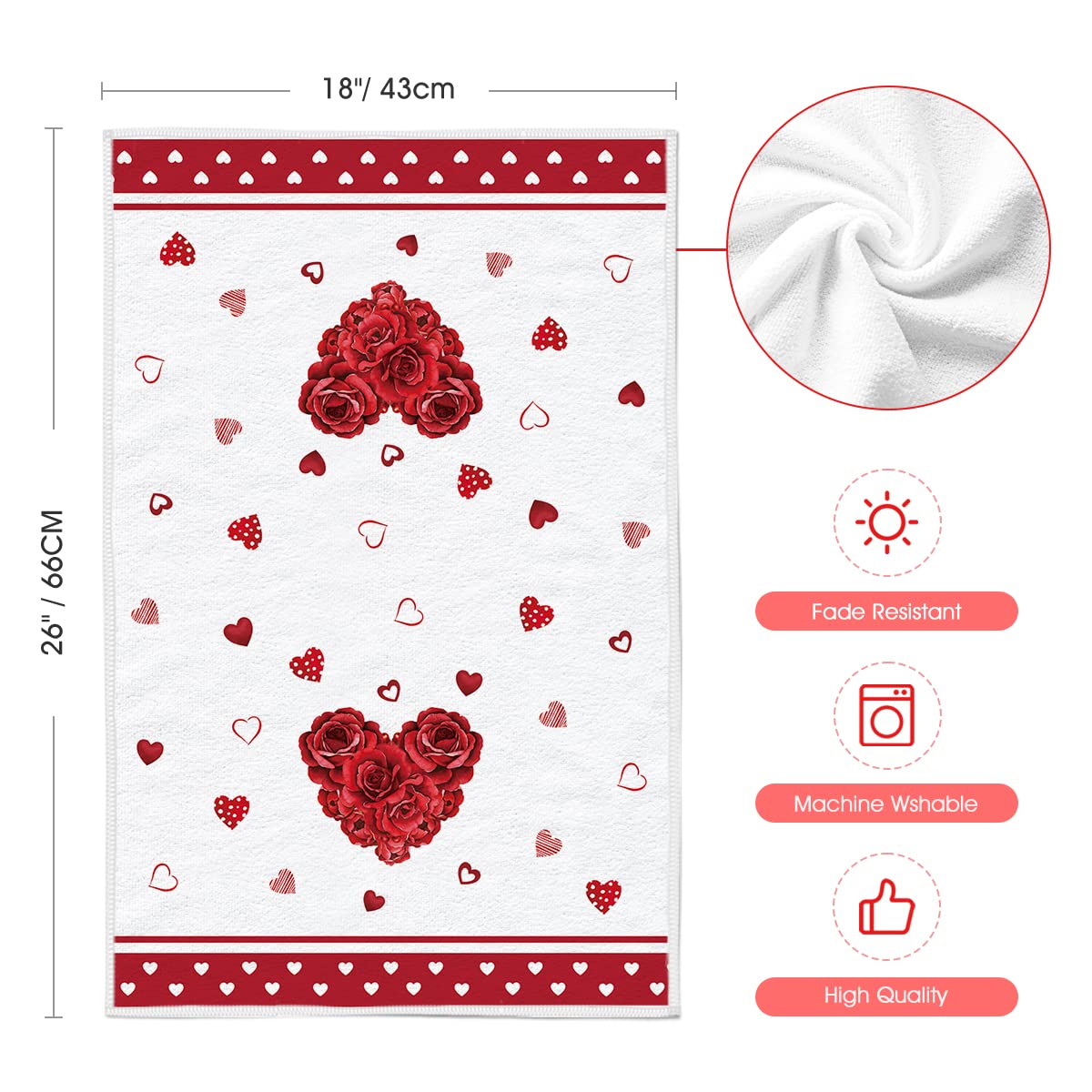 Artoid Mode Roses Hearts Hello Valentine's Day Kitchen Towels Dish Towels, 18x26 Inch Anniversary Decoration Hand Towels Set of 2