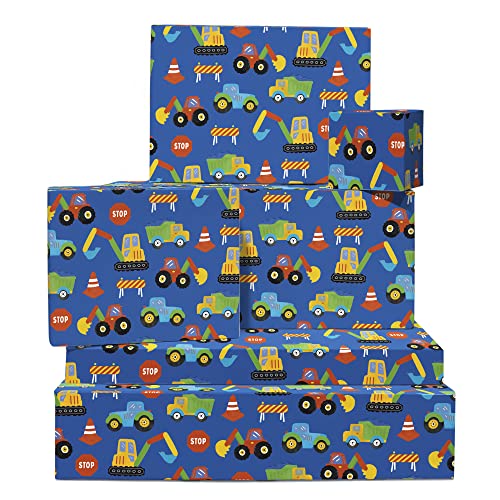 CENTRAL 23 Boys Wrapping Paper - 6 Sheets of Gift Wrap with Tags - Tractor Wrapping Paper - Construction Themed - Blue Wrapping Paper for Kids - For Son, Grandson, Nephew - Comes with Stickers