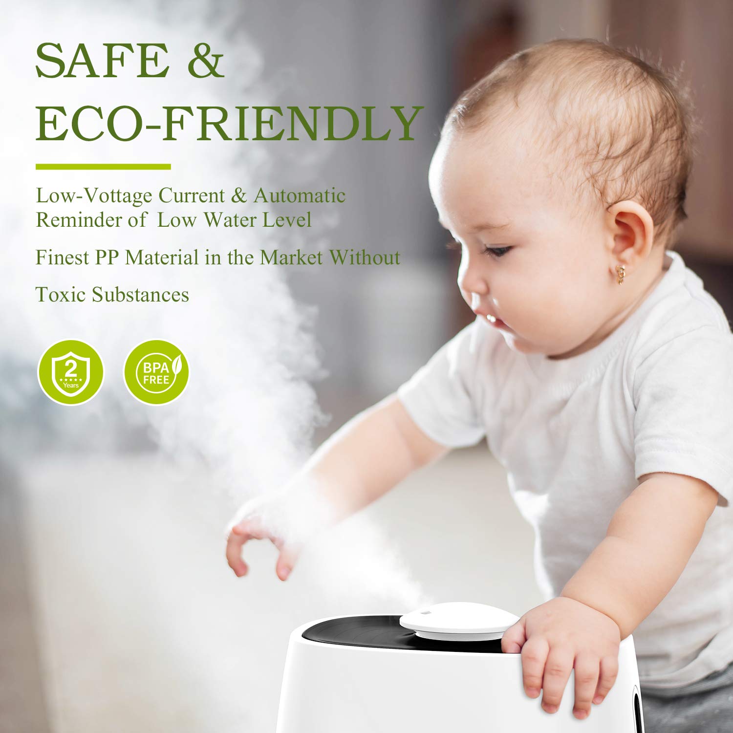 ASAKUKI Cool Mist Humidifier, Large 4L Capacity Ultrasonic Diffuser Vaporizer, Whisper-Quiet Air Humidifier for Home,Office,Bedroom,Baby, Lasts up to 20-60 Hours
