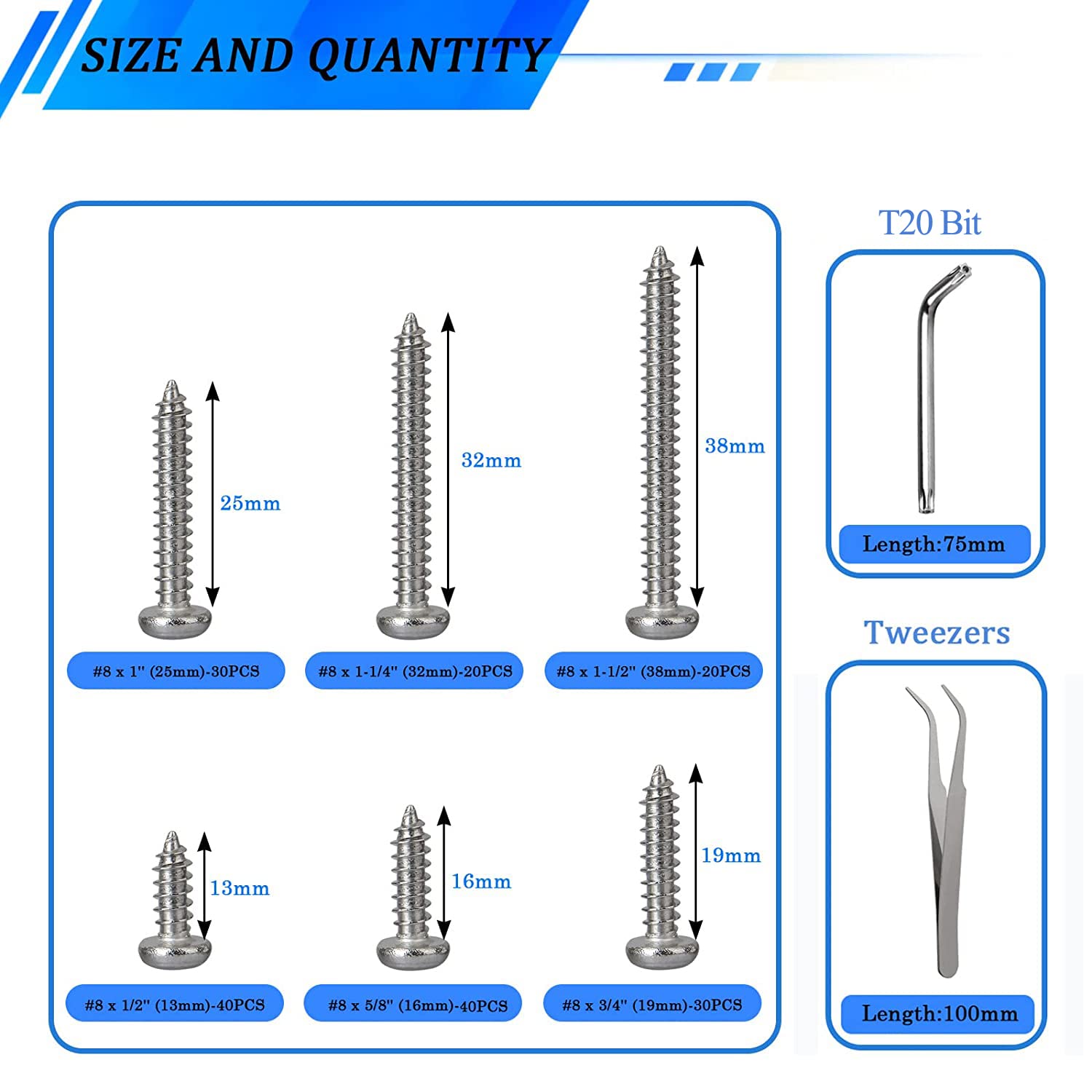 Akivome 180 Pcs #8 Button Head Torx Security Screws 304 Stainless Steel Anti-Theft Tamper Proof Screws Assortment Kit with T20 Bit (#8 x 1/2'', 5/8'', 3/4'', 1'', 1-1/4'', 1-1/2'')