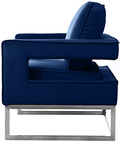 Meridian Furniture Noah Collection Modern | Contemporary Velvet Upholstered Accent Chair with Durable Stainless Steel Base, Navy, Chrome Base
