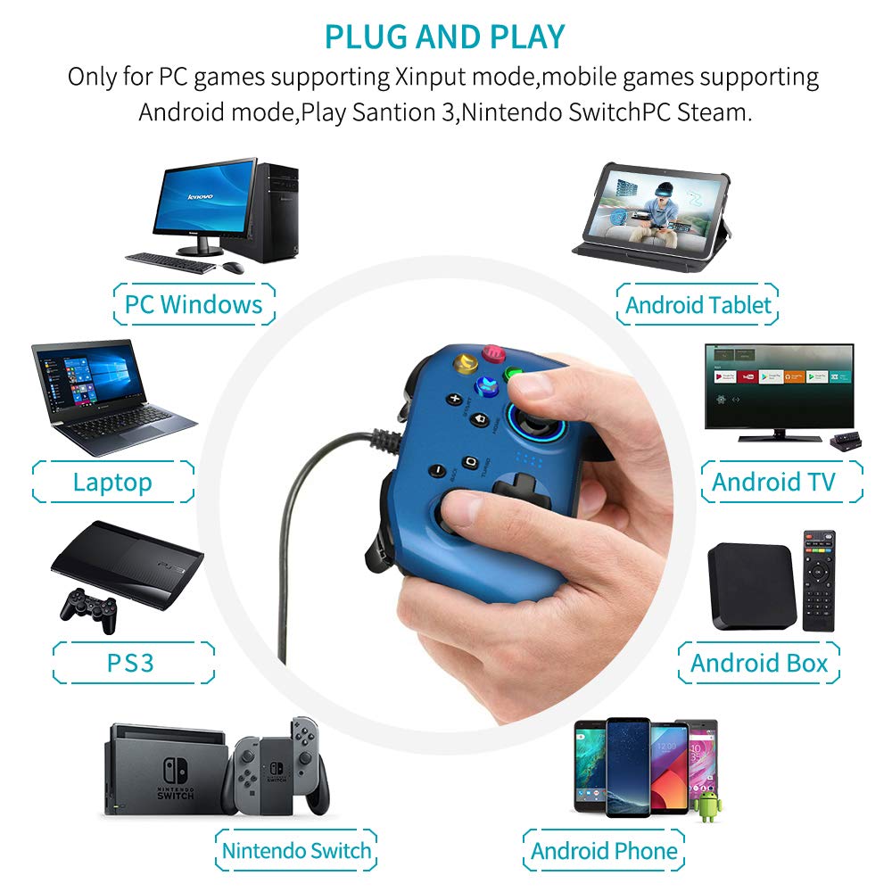 ALPIAZ Wired Gaming Controller, Joystick Gamepad with Dual Vibration, PC Game Controller for PS3 Switch Windows 10 8 7 PC Laptop TV Box Android Phones, Navy Blue