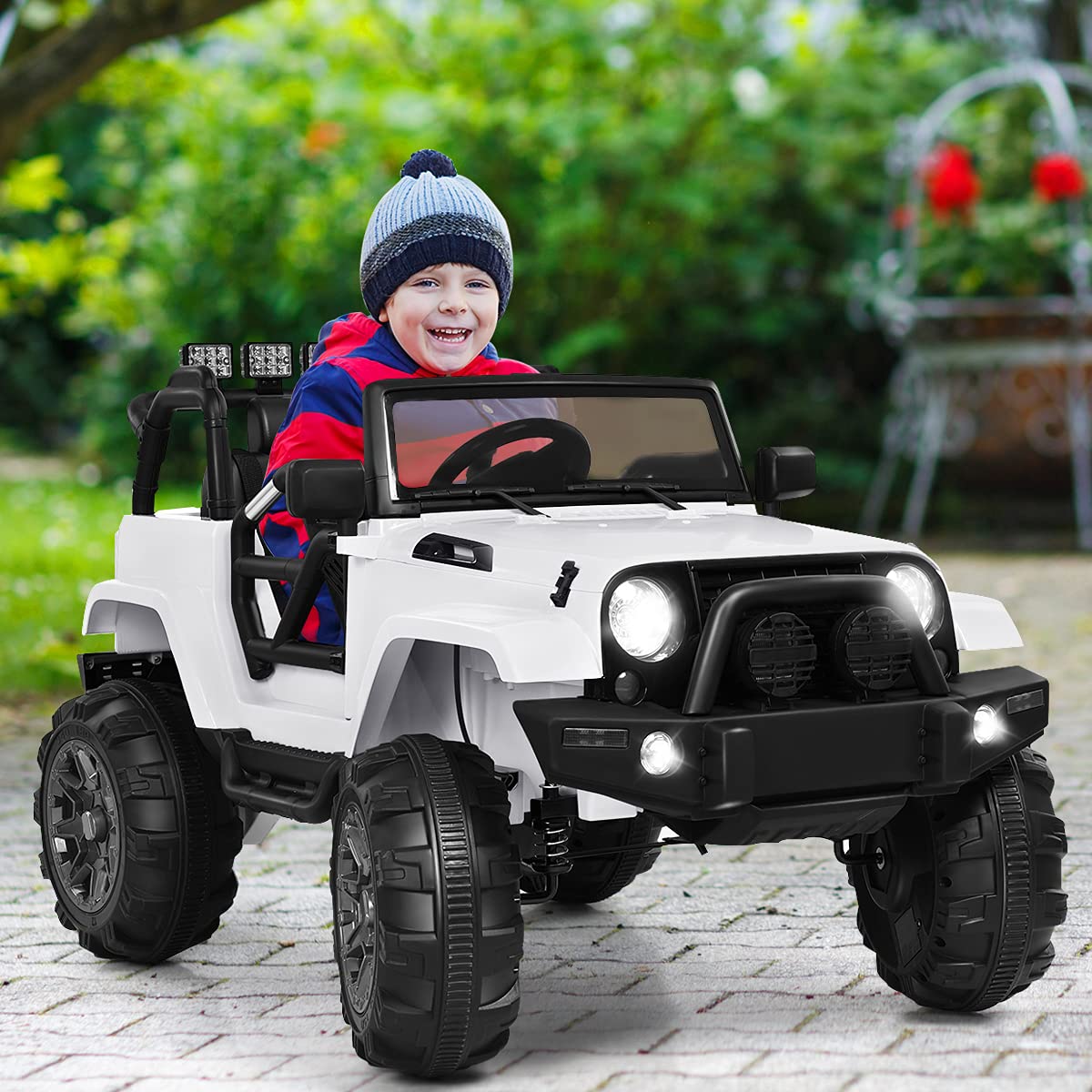 Costzon Ride On Car, 12V Battery Powered Electric Ride On Truck w/Parental Remote Control, LED Lights, Double Doors, Safety Belt, Music, MP3 Player, Spring Suspension (White)