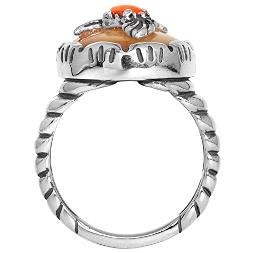 American West Sterling Silver Women's Ring Gold Mother of Pearl & Orange Spiny Gemstone Hummingbird Design Size 9