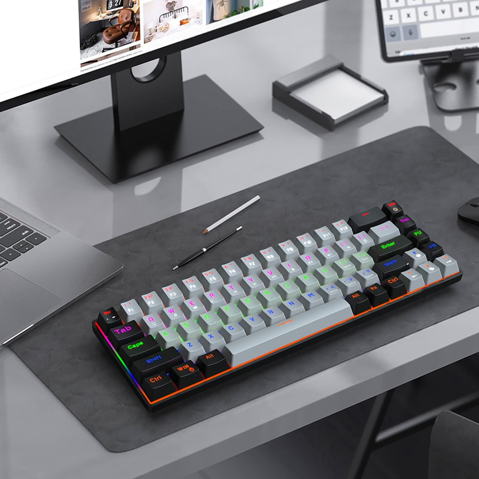 Horoper Computer Mechanical Keyboard, Mechanical Keyboard 68‑Key Red Shaft Green Shaft Dual Color RGB Backlit Gaming Mechanical Keypad (Gray)