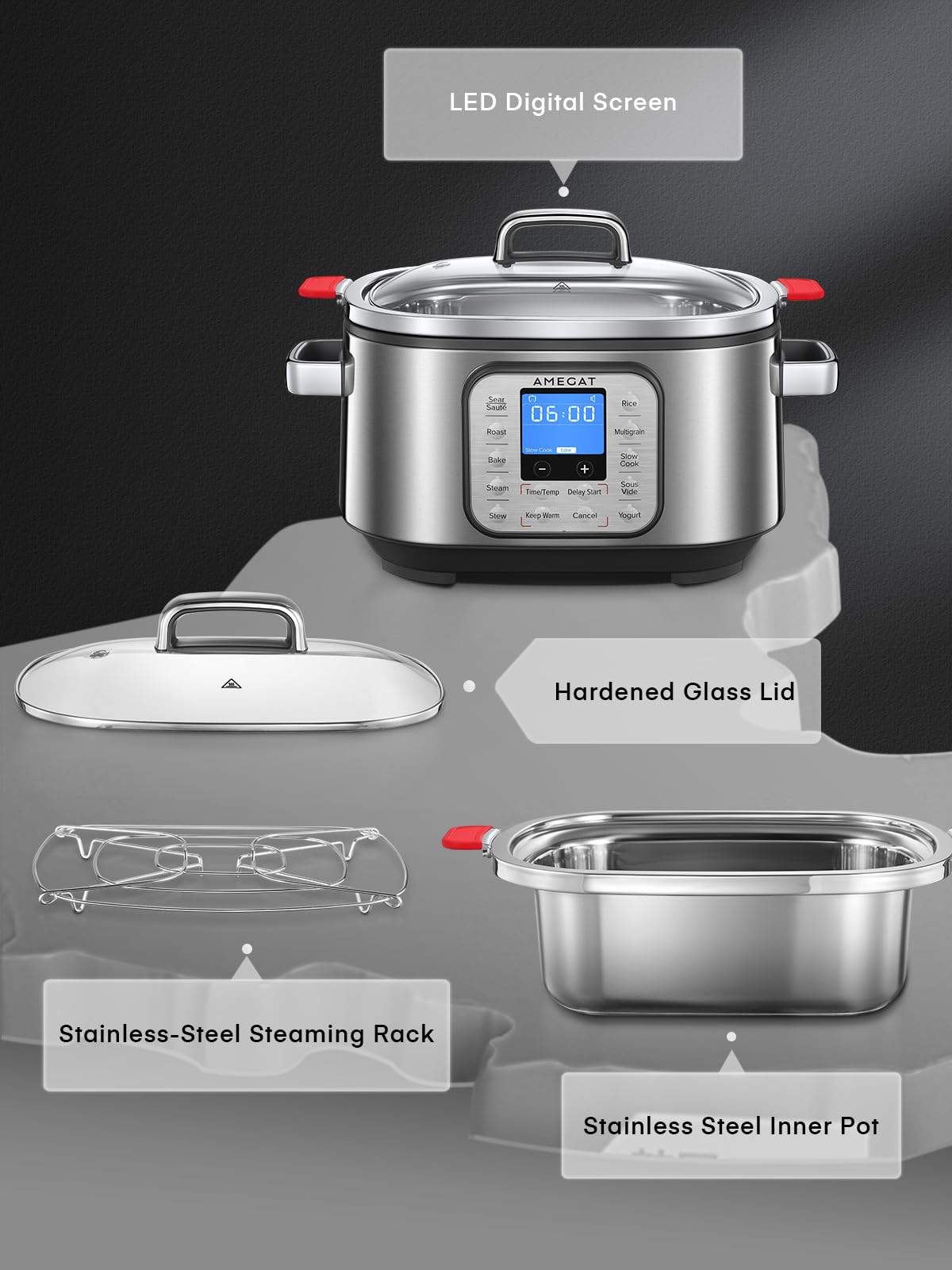 AMEGAT Slow Cooker 6 Quart, 10 in 1 Programmable Cooker, Rice Cooker, Sauté, Steamer & More, Stainless Steel Inner Pot, Steaming Rack & Glass Lid, Delay Start, Adjustable Temp & Time with LED Display