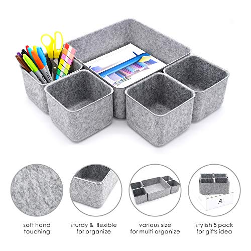 Welaxy Desk Organizers Storage bins Set Office Drawer Organizers Pen holder pencil cup phone stand sticky note storage Closet Cabinet boxes Organizing 5-piece Pack (Gray)