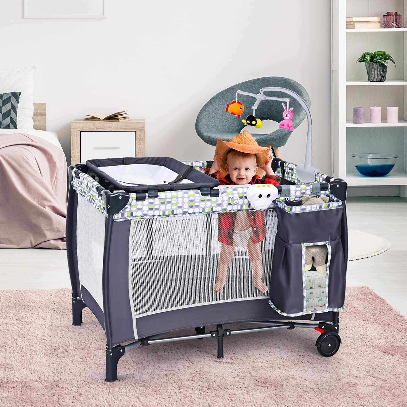 HONEY JOY Portable Baby Playard, 3-in-1 Pack and Play with Infant Bassinet, Diaper Changer & Toy Bar, Lockable Wheels, Toddler Play Yard w/Carry Bag Gray