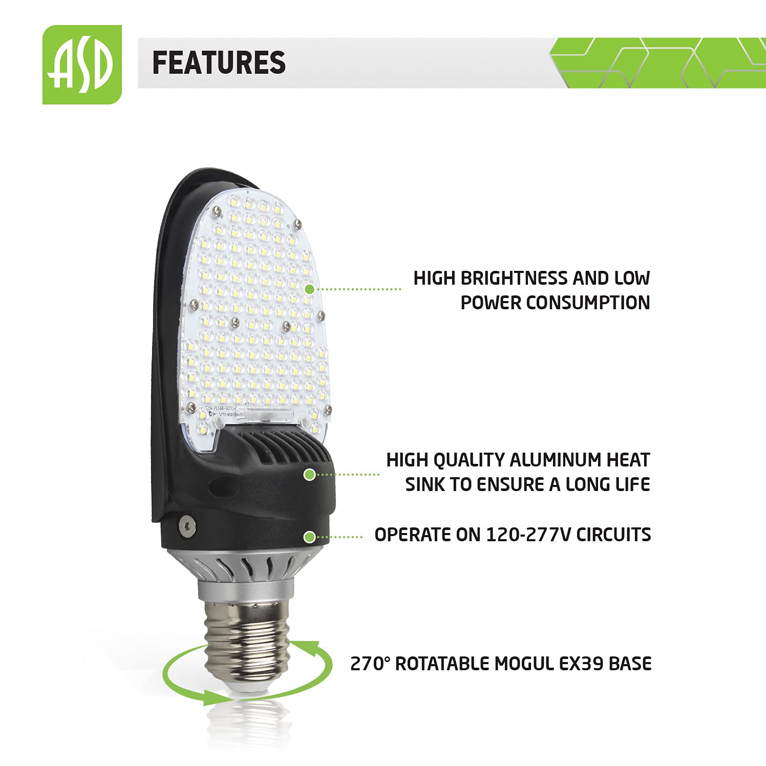 ASD LED Paddle Bulb 54W (90W MHL Equivalent) 5000K Daylight 5784Lm 120-277V UL & DLC - Outdoor LED Corn Bulb EX39 Rotatable Base - LED Parking Light Bulb - Post Light Bulb - Mogul Base Light Bulb