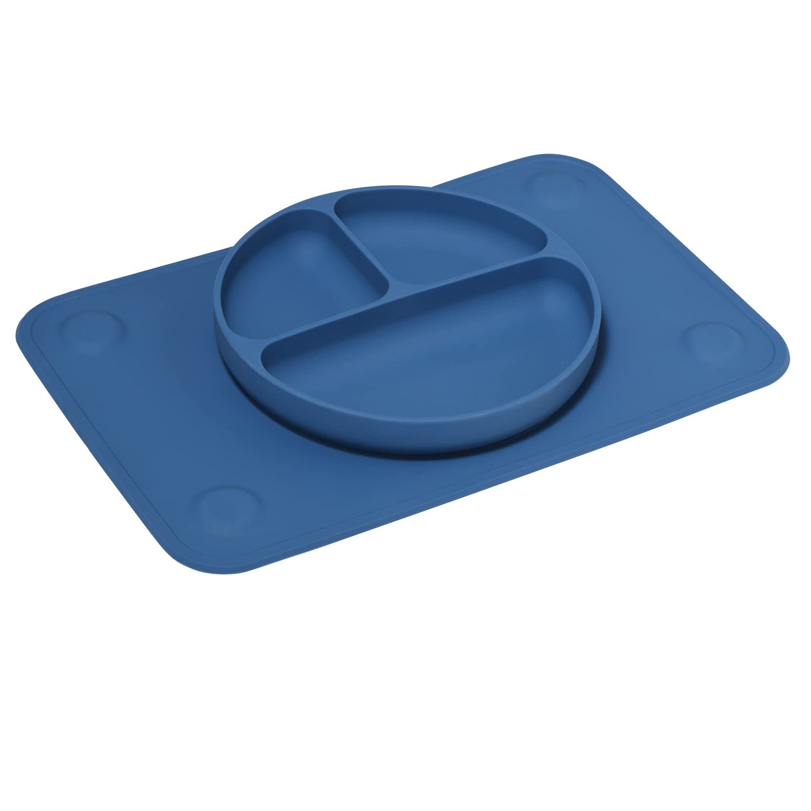 BABELIO Baby Plates with Suction, Silicone Suction Plate for Toddlers & Babies, Divided Dishes | Placemat Plate Design | 100% Silicone | BPA Free | Dishwasher Safe (Blue)