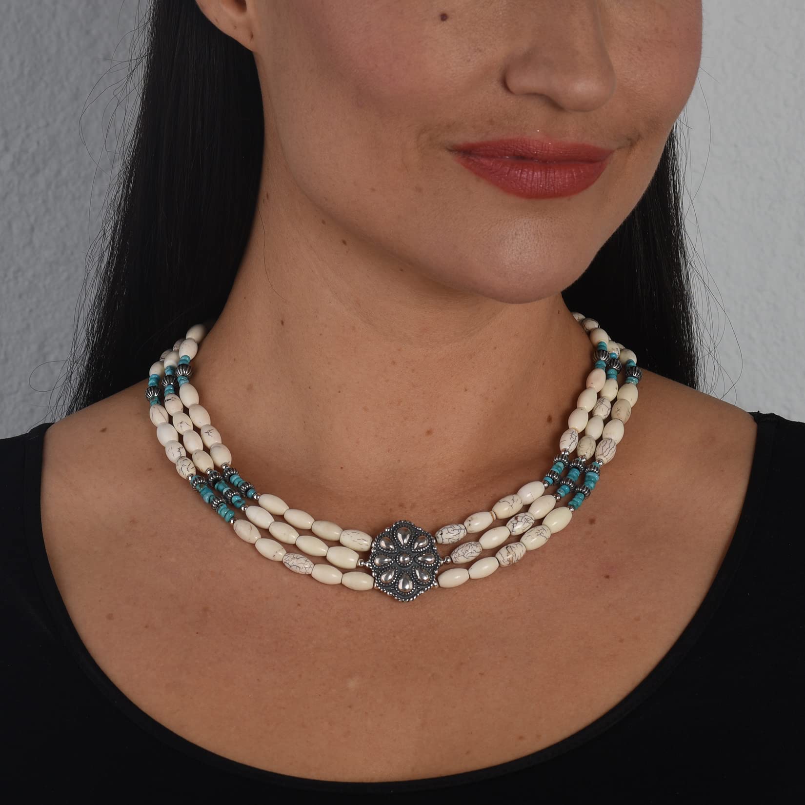 American West Sterling Silver Women's Strand Necklace Blue Turquoise & Crème Magnesite Gemstone Beaded 15 to 18 Inch