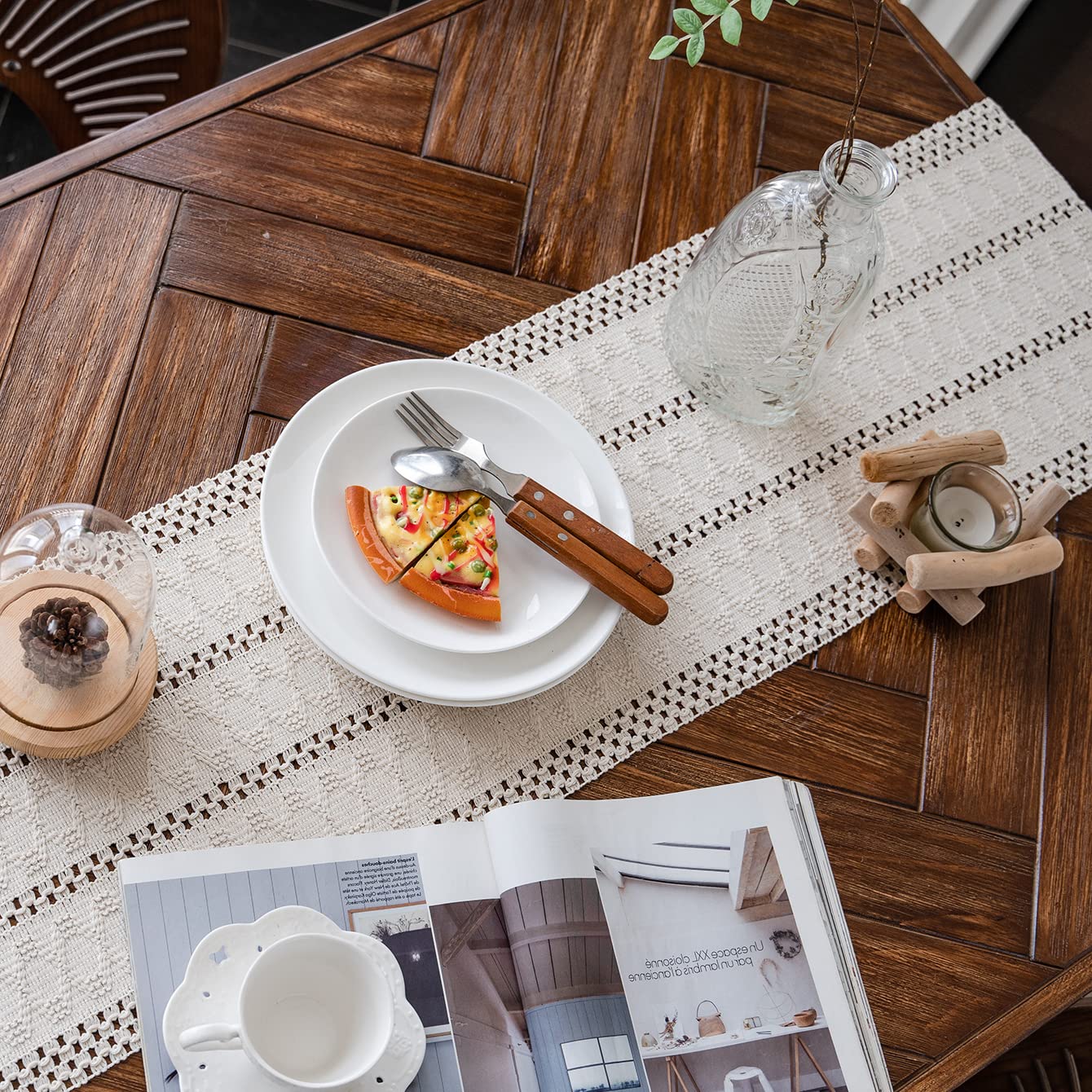 Alynsehom Macrame Table Runner Cream Beige Boho Table Runner with Tassels Hand Woven Cotton Table Runner Rustic Farmhouse Table Runner for Bohemian Kitchen Dining Table(12x71in)