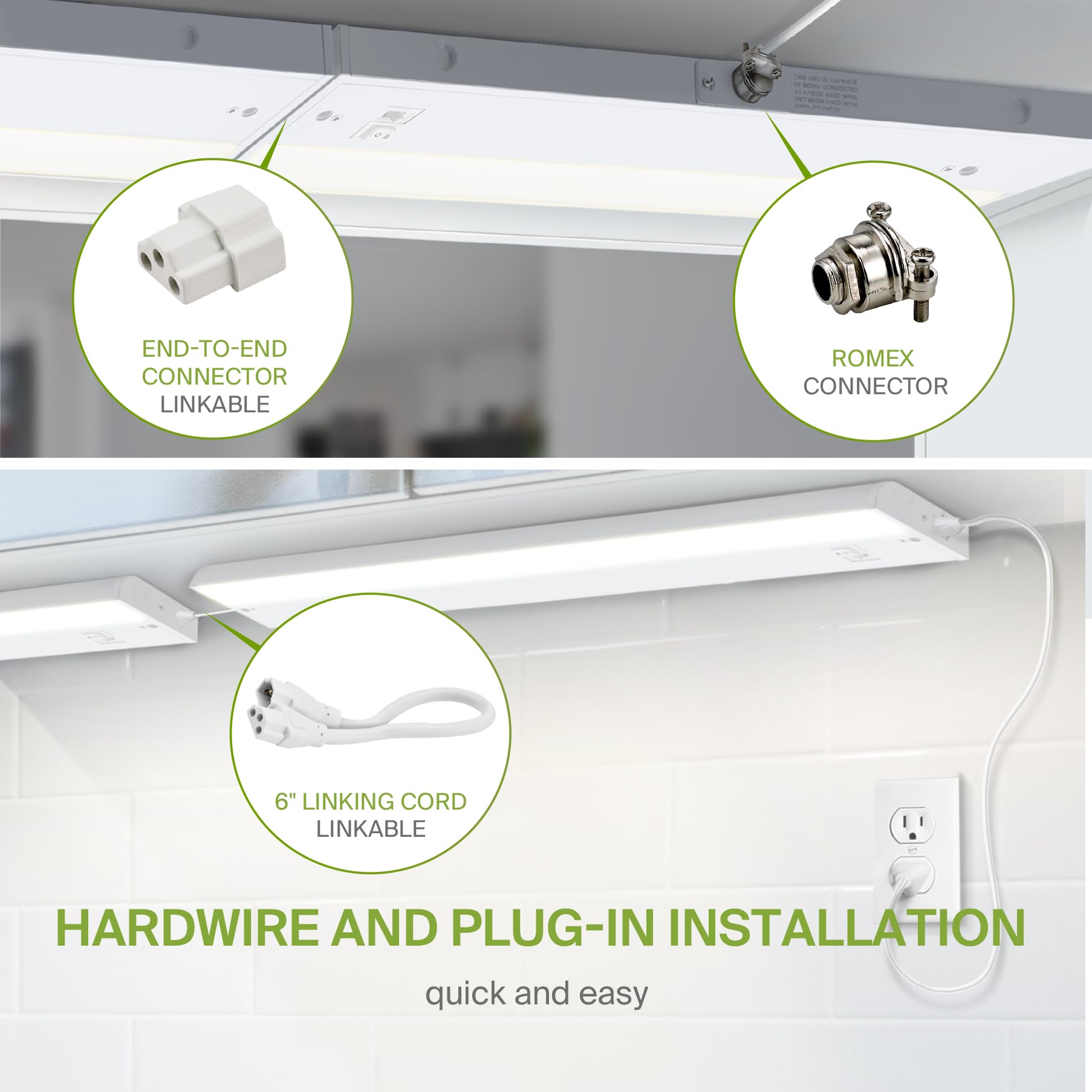 ASD LED Under Cabinet Lighting 24 Inch, Dimmable, Hardwired or Plug-in Installation, 3 Color Levels- 2700K/3000K/4000K, Linkable Kitchen Under Counter Lighting, ETL & Energy Star, White Finish