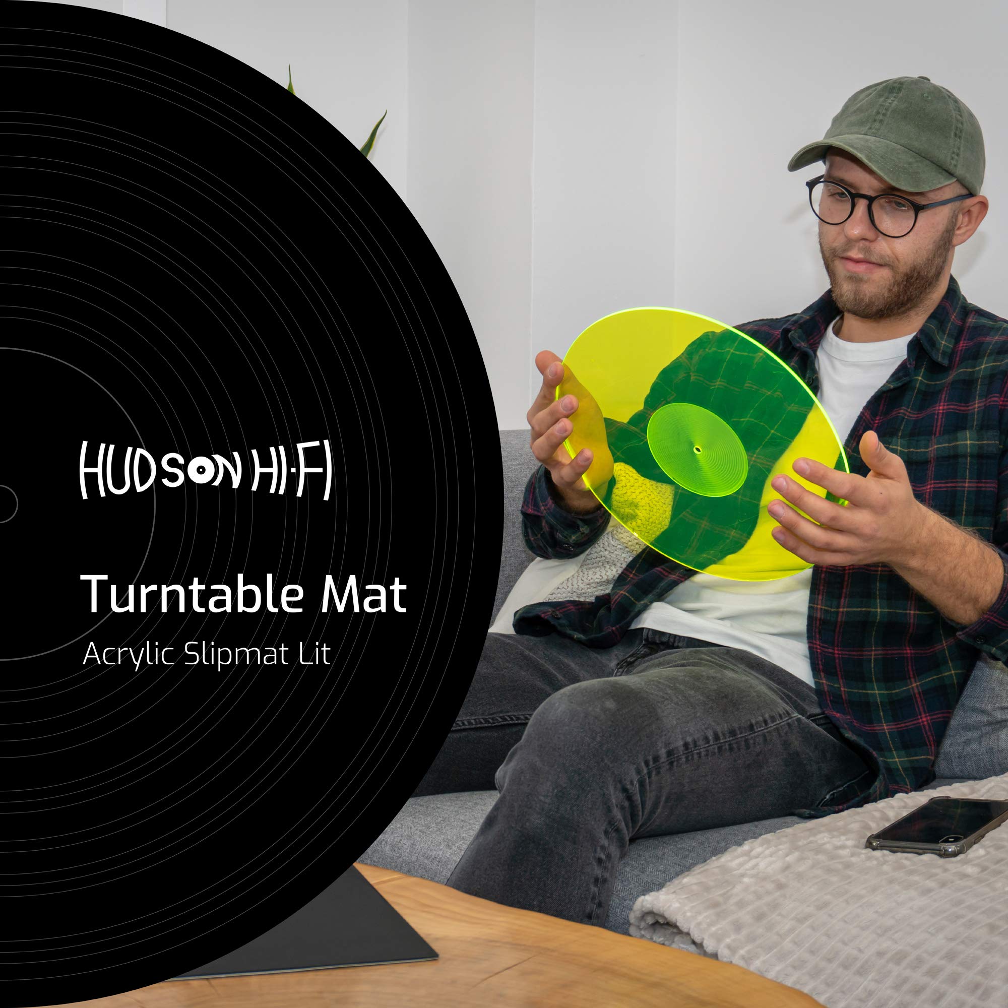 Acrylic Turntable Mat - 11.75" Greenlit Vinyl Record Acrylic Mat - Precision Machined Acrylic Turntable Platter Mat w/Record Label Recess - See-Through Record Mat for Standard 12" Turntable Platters