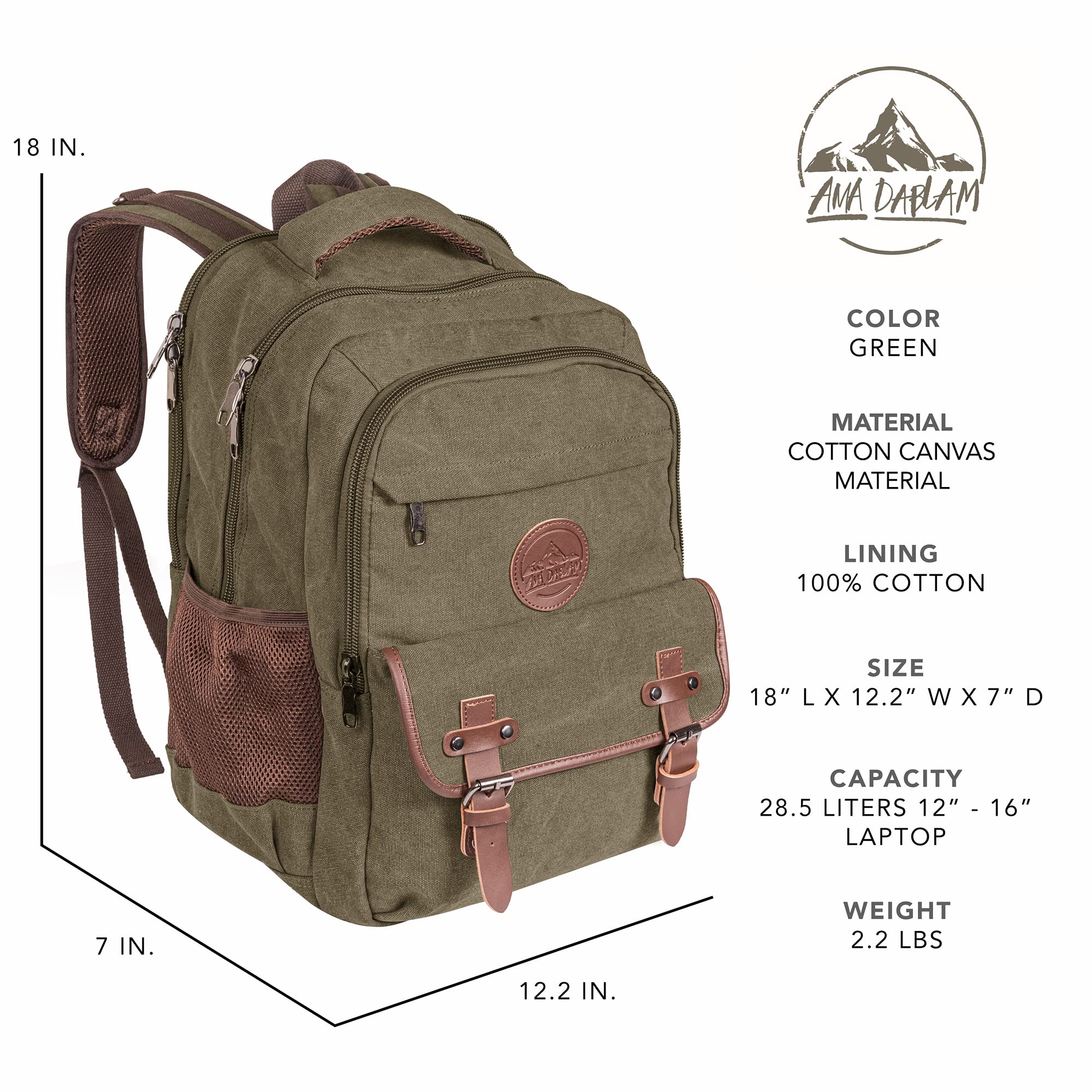Ama Dablam Canvas Backpack | 18” Laptop Pocket | XL Size - 30L | Many Pockets | Durable Zippers (Olive)