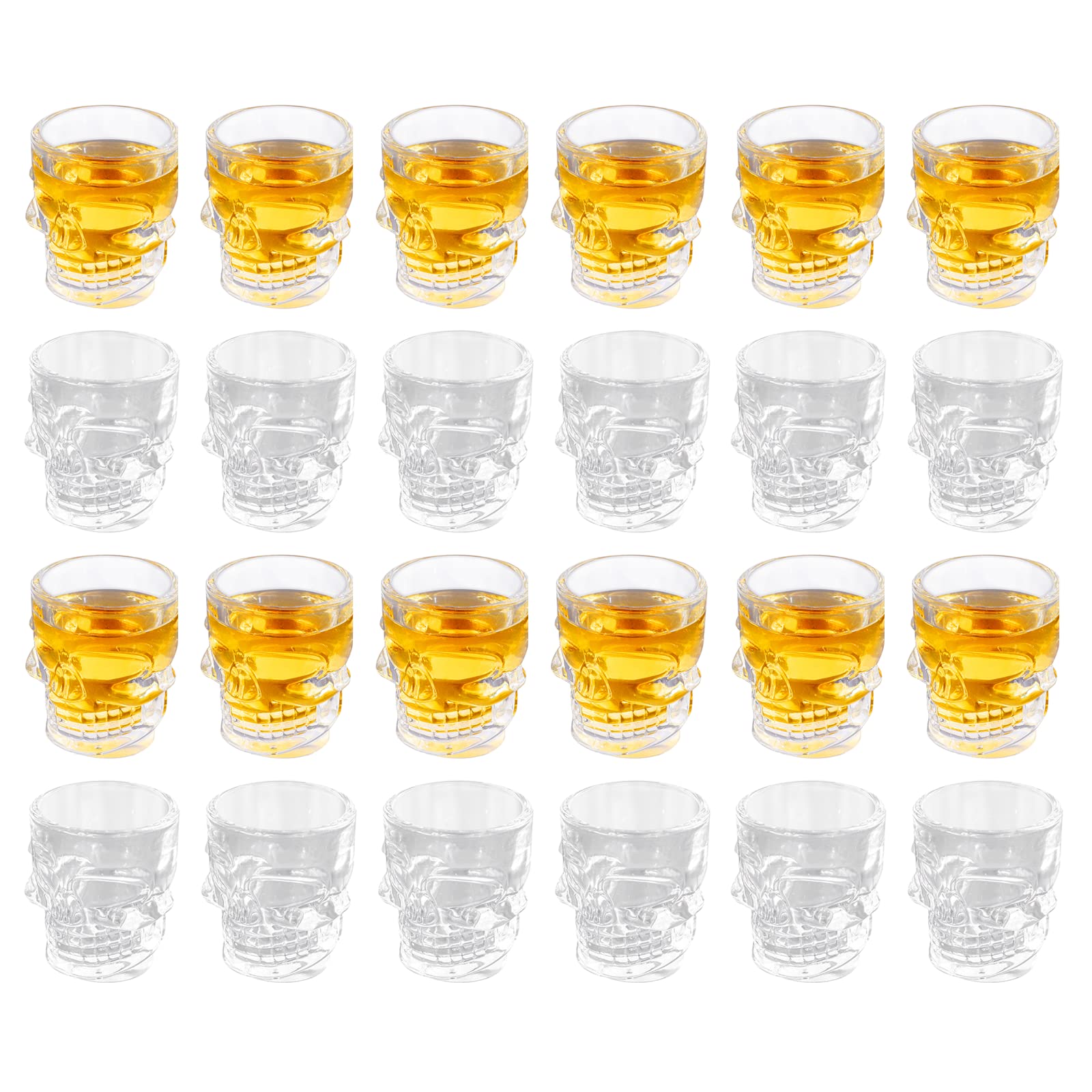 AOLDHYY FFORYILLUMI 1.5 Oz Shot Glass, Skull Face Heavy Base Shot Glass Set, Whiskey Shot Glass 24-Pack for Party, Wine, Whiskey, Tequila, Cocktail, Beverage, Bar Decor