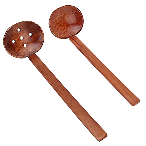 Actaday Cooking Utensils Long Handle Wood Spoon Tableware Set Noodles Soup Spoon with Slotted Spoon Kitchen Kitchenware Tool