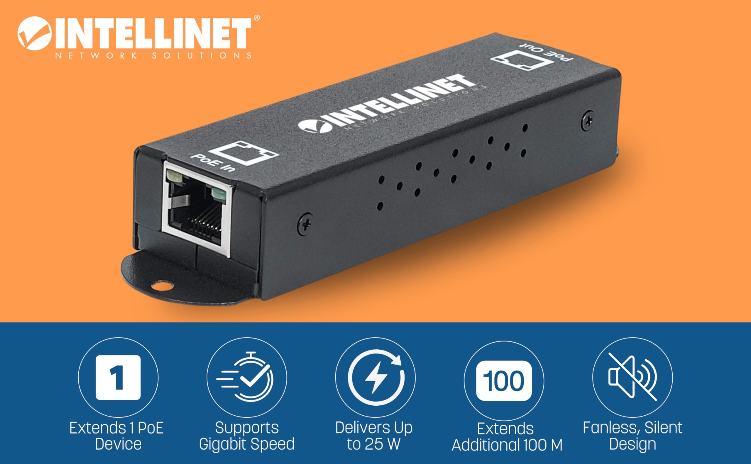 Intellinet 1-Port Indoor Gigabit PoE+ Extender Repeater – 25W Power Budget via Cat5e Cat6 RJ45 Ethernet Network Cables, Daisy-Chain – 3 Yr Mfg Warranty - 560962