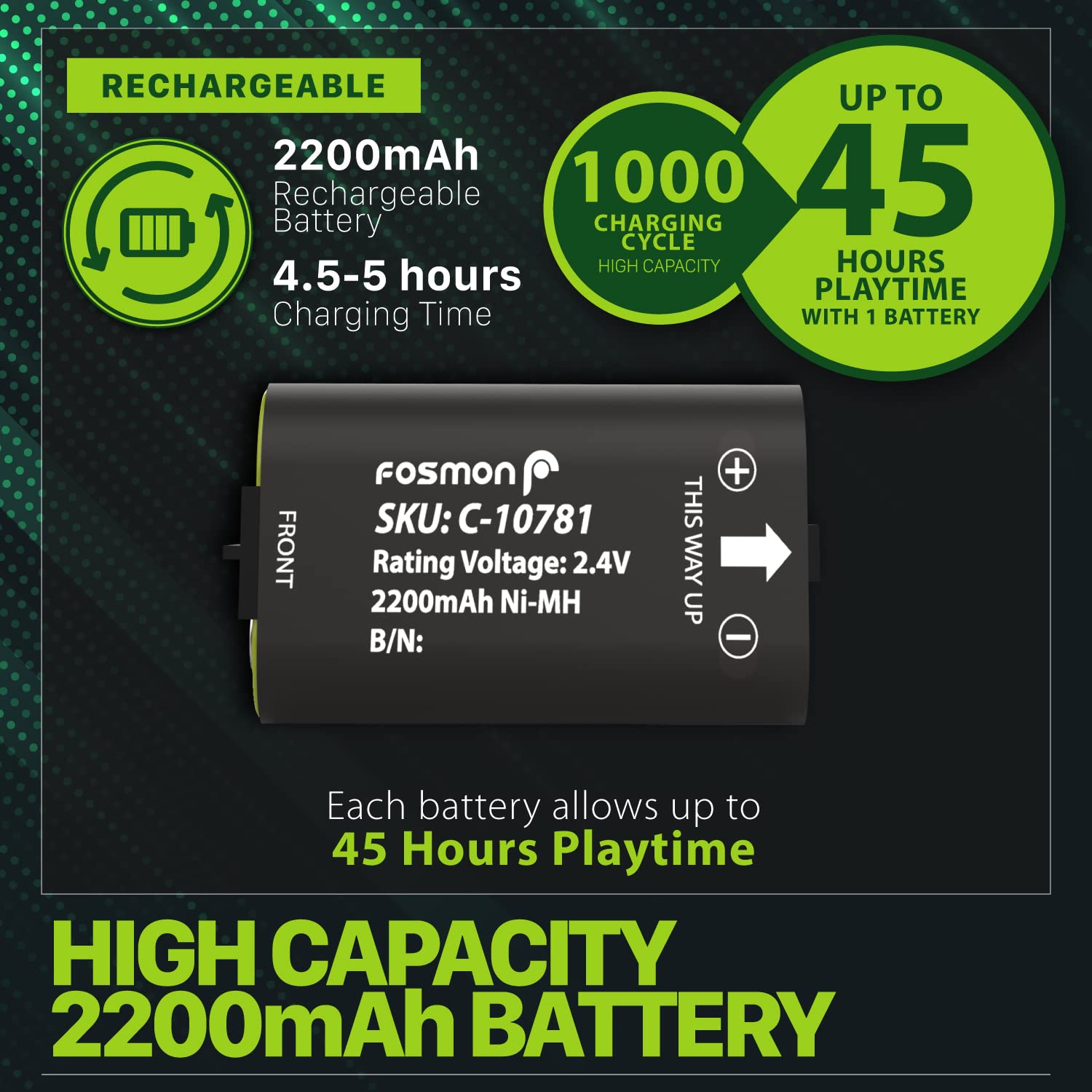Fosmon 2200mAh Rechargeable Battery Pack Compatible with Xbox Series X/S, Xbox One/One X/One S Elite Controllers - 1 Pack, Recharge C-10777 Battery Charger (Not Included)