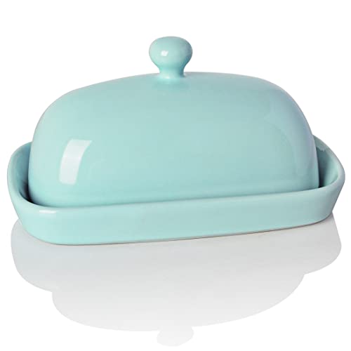 SWEEJAR Ceramics Butter Dish with Lid, Butter Keeper Container, East/West Coast Butter, 7 inches (Turquoise)