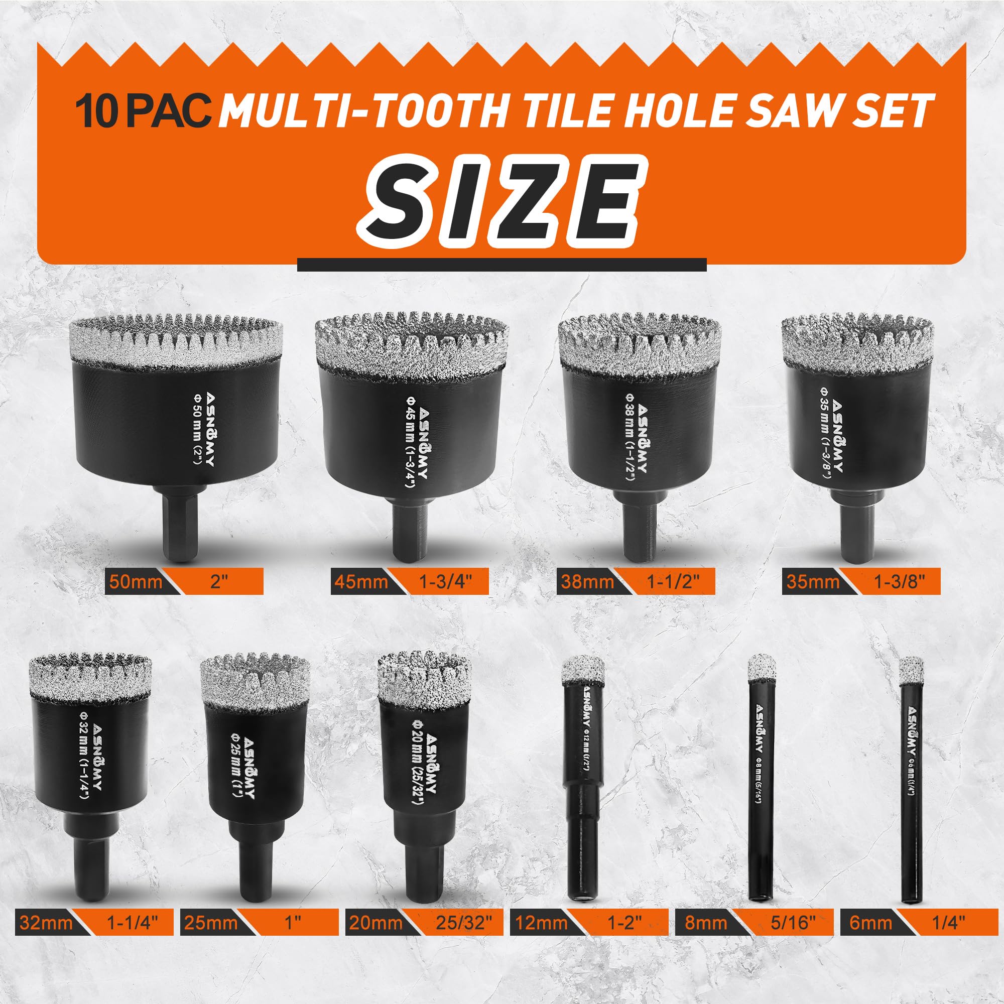 ASNOMY 10PCS Diamond Hole Saw Set, 1/4"-2"Inch Serrated Brazing Tile Hole Saw Diamond Core Drill Bits Set with EVA Mold Hole Saw Guide Jig for Porcelain Tile Glass Ceramic Stone Granite Marble