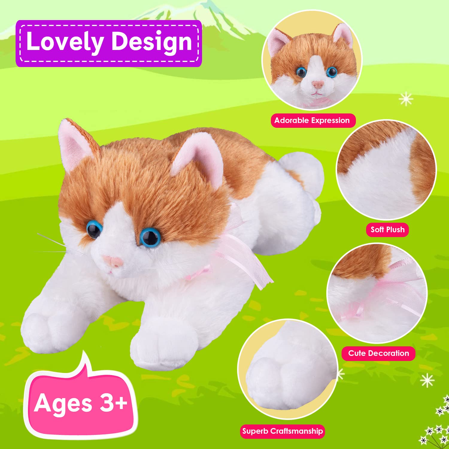 HCdoujoy Yellow Stuffed Animal Cat Plush Toy, Realistic Cuddly Kitten Pet Kitty Soft Small Cat, Birthday Christmas Children's Day Gift for Boy Girl Age 3+