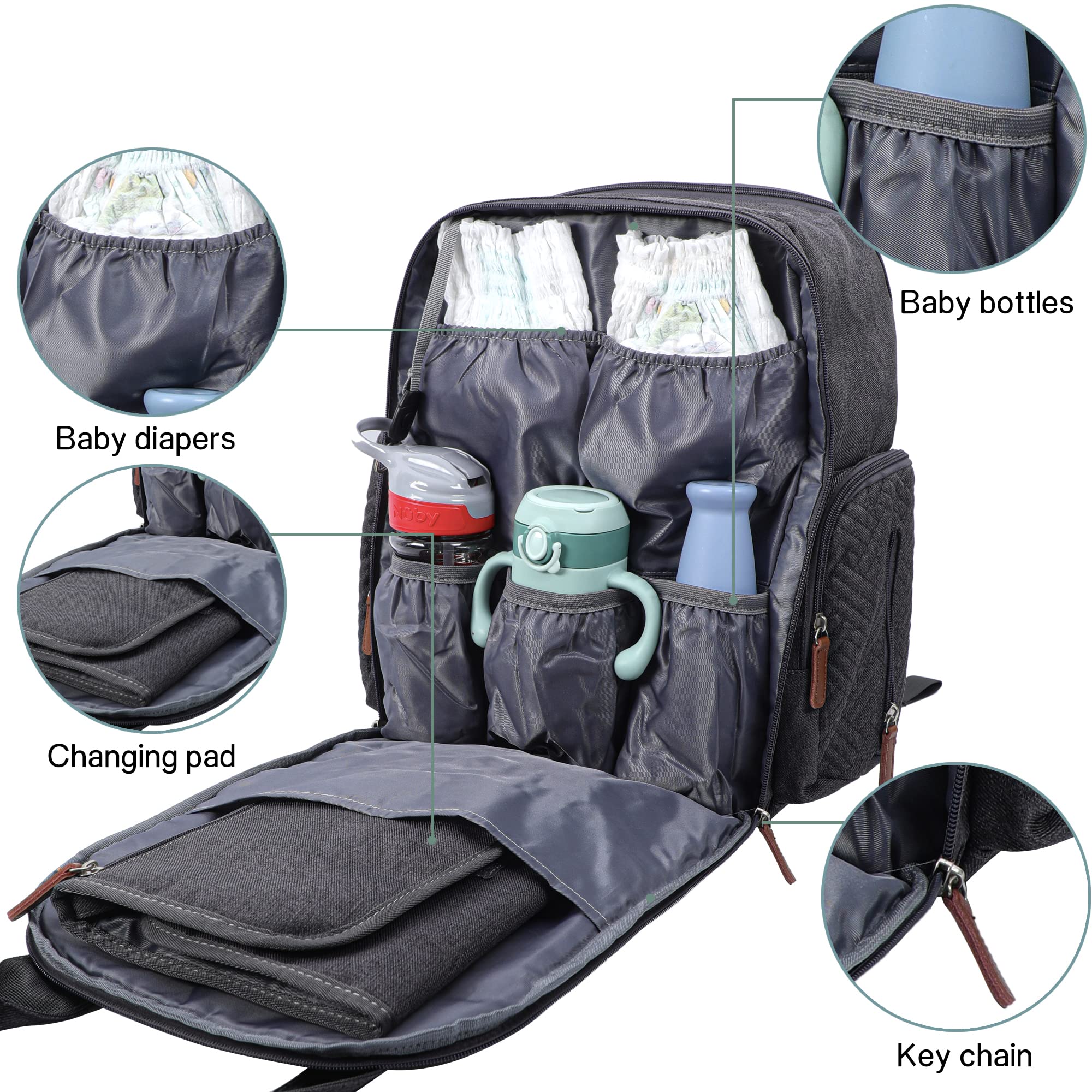 BABYARA Diaper Bag Backpack with Changing Pad, Waterproof Baby Bag with Insulated Pockets, Stroller Straps & Ergonomic Design