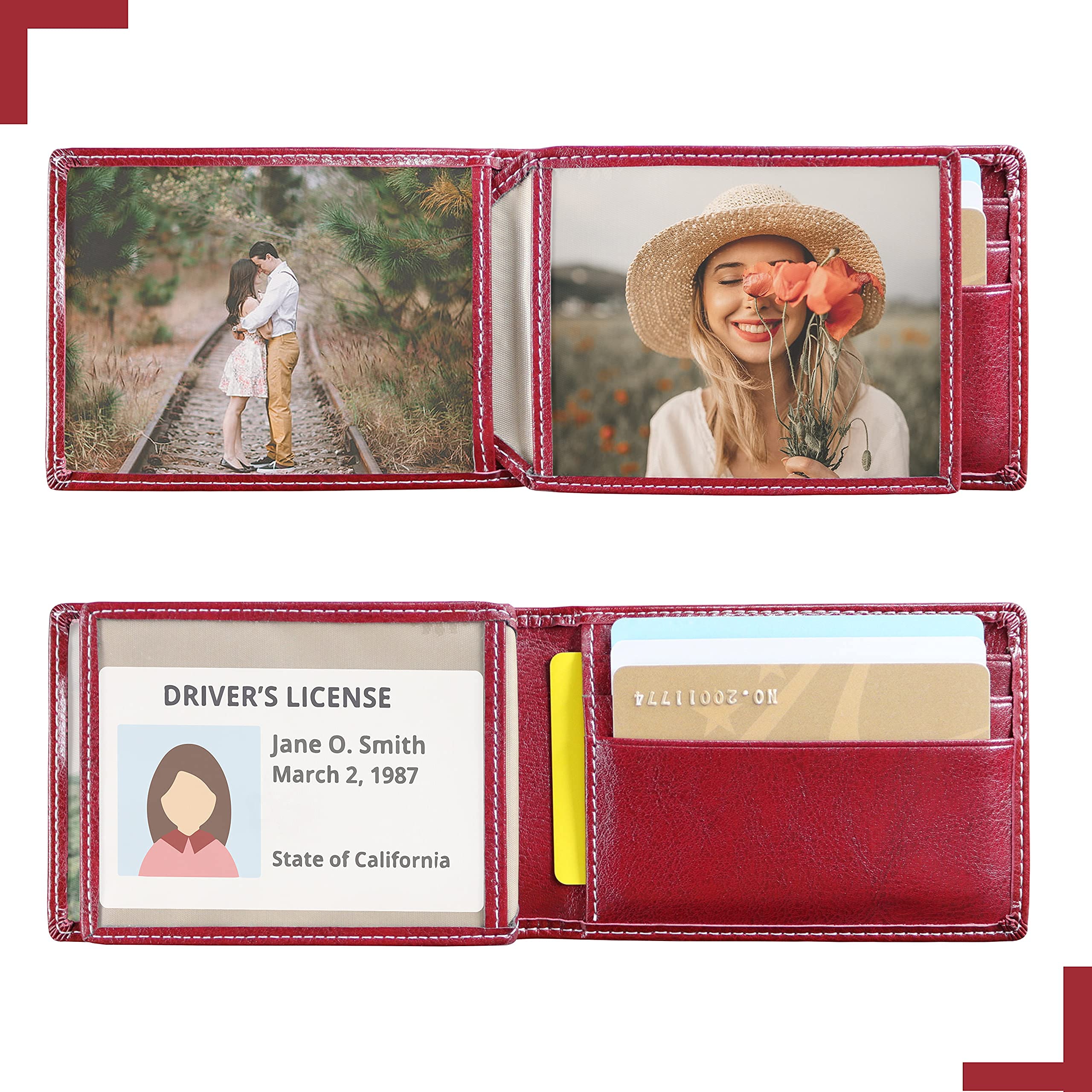 IamaCos Women Bifold Wallet Compact Artificial Leather Wallets RFID Blocking Credit Card Holder 4 Card Slots 3 ID Windows Red