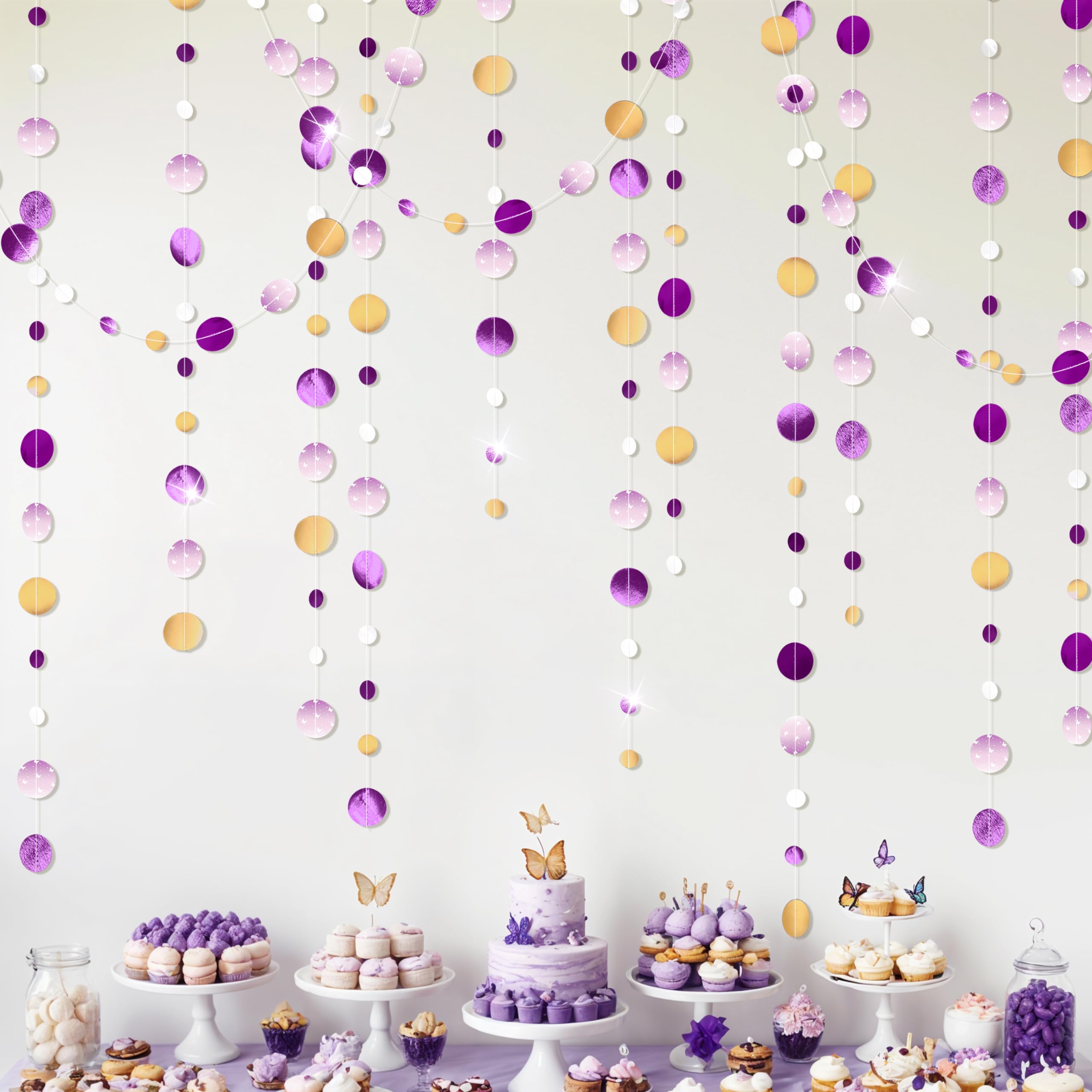 Cheerland Party Decorations Purple Circle Dot Garland Gold White Lavender Hanging Banner Streamer Backdrop Decor for Themed Birthday Wedding Bridal Baby Showers Party Supplies 46ft