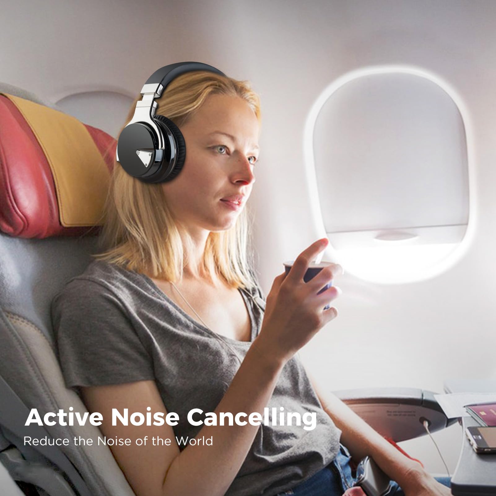 Active Noise Cancelling Headphones Over Ear Wireless Headphones Bluetooth Headphones with Microphone, Deep Bass, Comfortable Over Ear Headphones Bluetooth Wireless Headphones, 30Hrs, Space Black