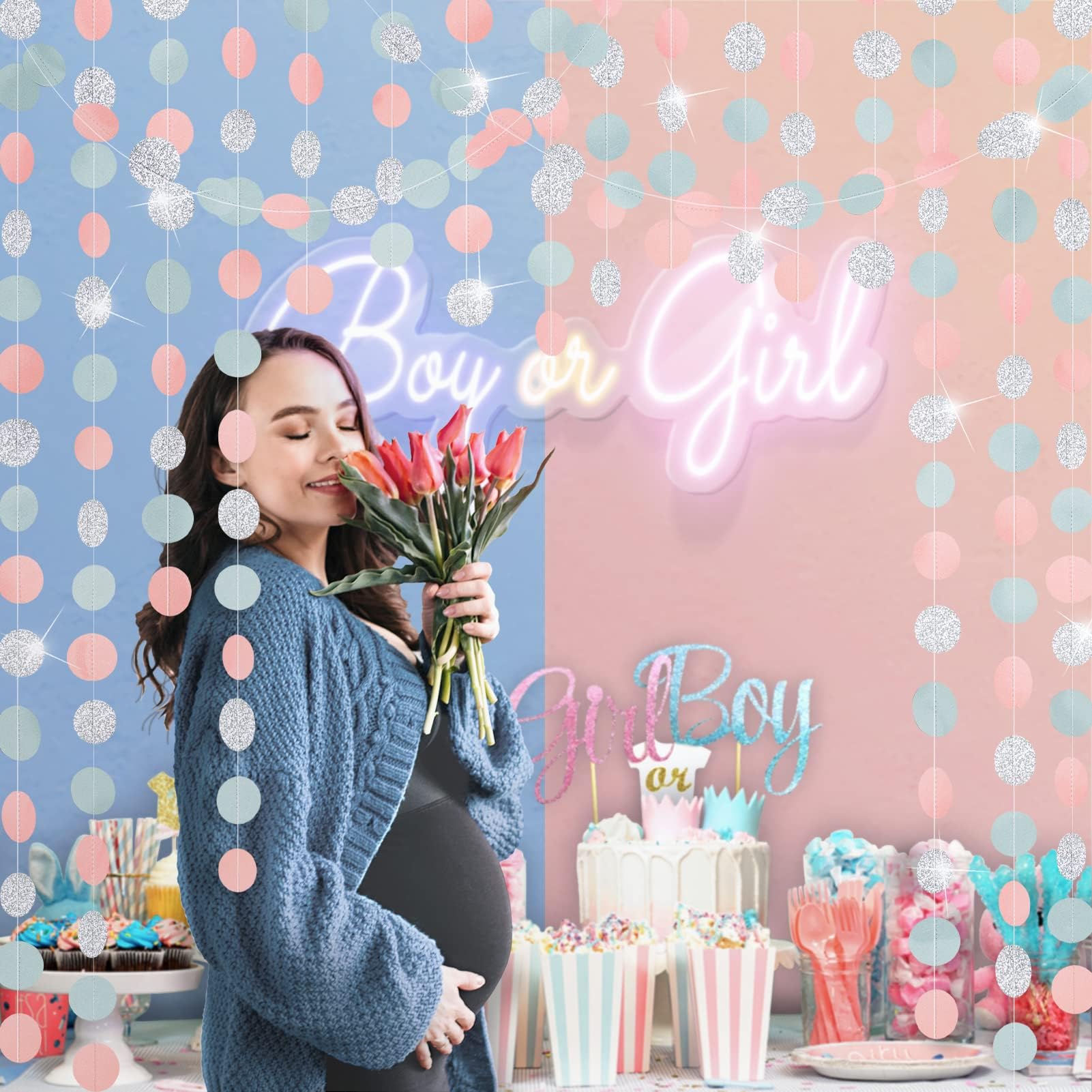 Cheerland Party Decorations Glitter Silver Blue Pink Circle Garlands Streamer Hanging Dots Decoration Backdrop for Wedding Engagement Birthday Bridal Baby Shower Backdrop Party Supplies
