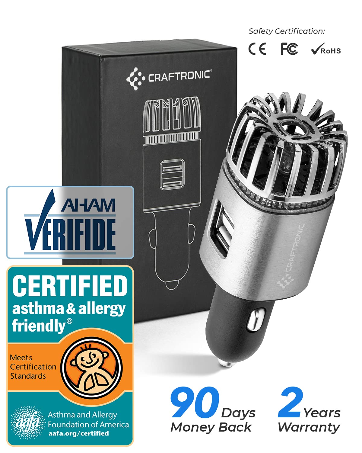 Craftronic 2.0 Ionic HEPA Car Air Purifier - (5.6 million of Negative Ions) Remove Cigarette Smoke & Allergens, Bacteria, Pollutants, Gases (VOCs) + Anti-Microbial Deodorizer Freshener (Silver)