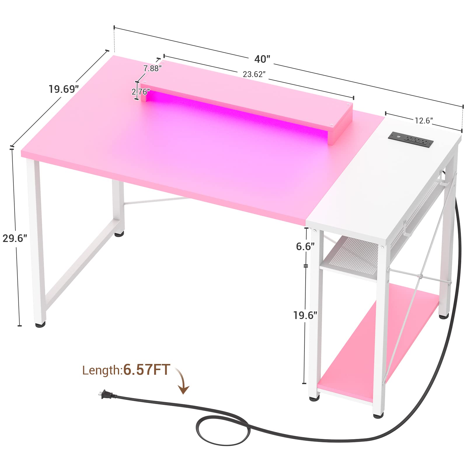 armocity Computer Desk with LED, Gaming Desk with Outlets, 40 Reversible Laptop Table with Monitor Stand, Small Desk for Small Spaces, Pink