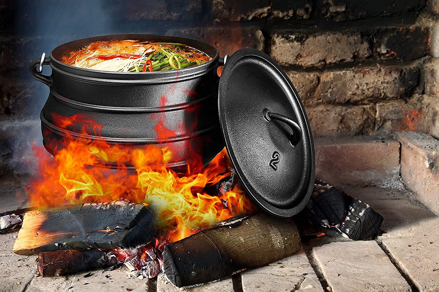 Bruntmor Pre-Seasoned Cast Iron Cauldron - 6 Quart African Potjie Pot with Lid - 3-Legged Dutch Oven for Camping and Over-the-Fire Cooking - Durable Outdoor Cookware for Stews, Chili, and Slow Cooking