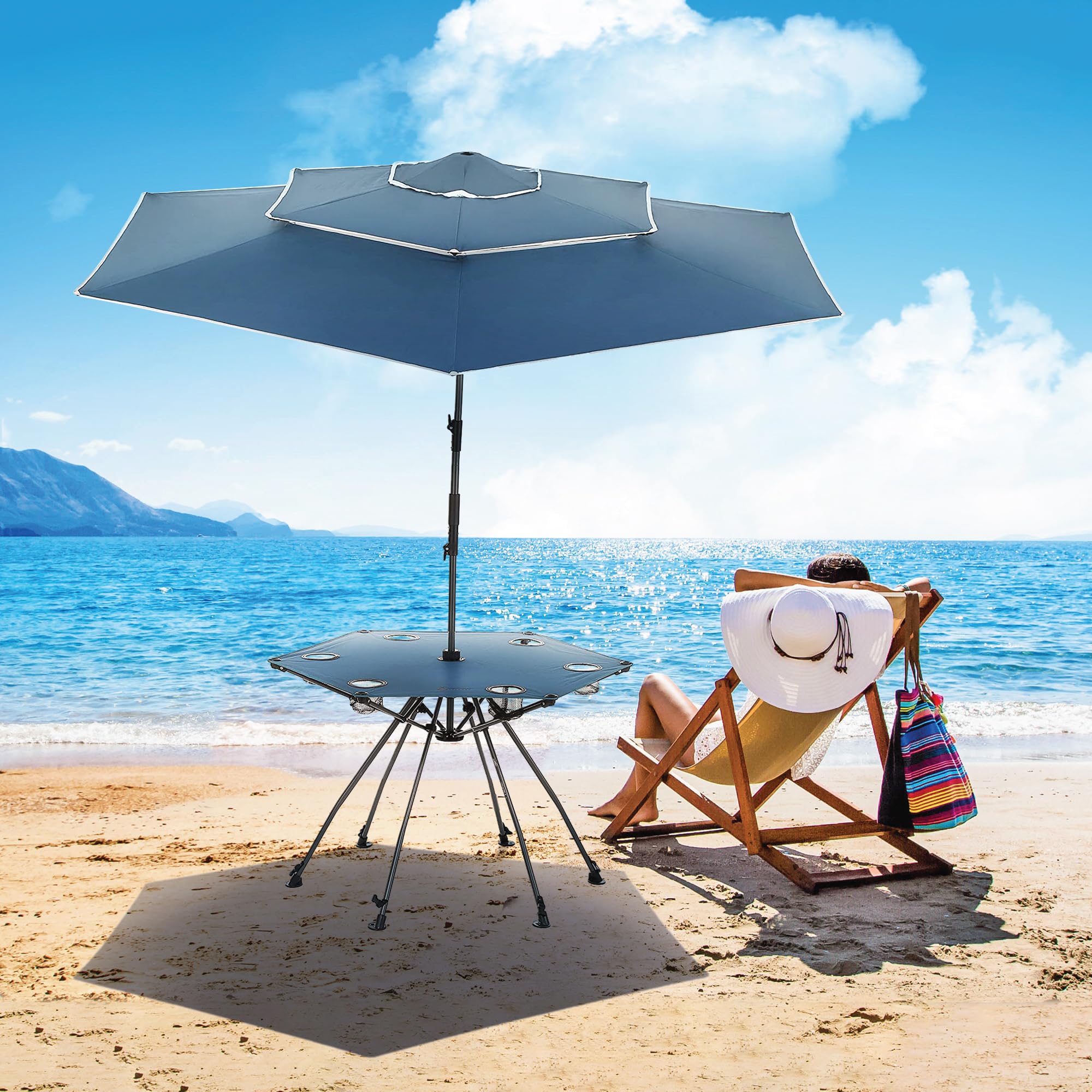 ARROWHEAD OUTDOOR 8FT Beach Umbrella & Folding Table, Wind Stabilization Vent, Adjustable Tilt, Stakes & Anchor Included, 6 Cup Holders, UBF 50+ Protection, Carrying Case w/Backpack Straps, Blue