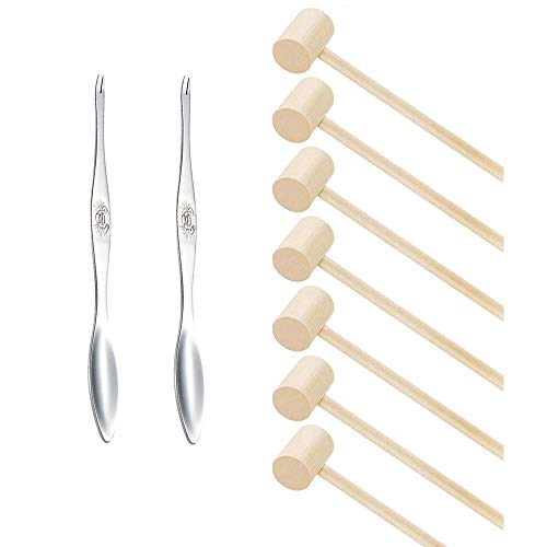 ccHuDE 10 Pcs Mini Natural Wood Crab Lobster Hammer Mallets and 2 Pcs Stainless Steel Crab Leg Forks Seafood Tool Sets